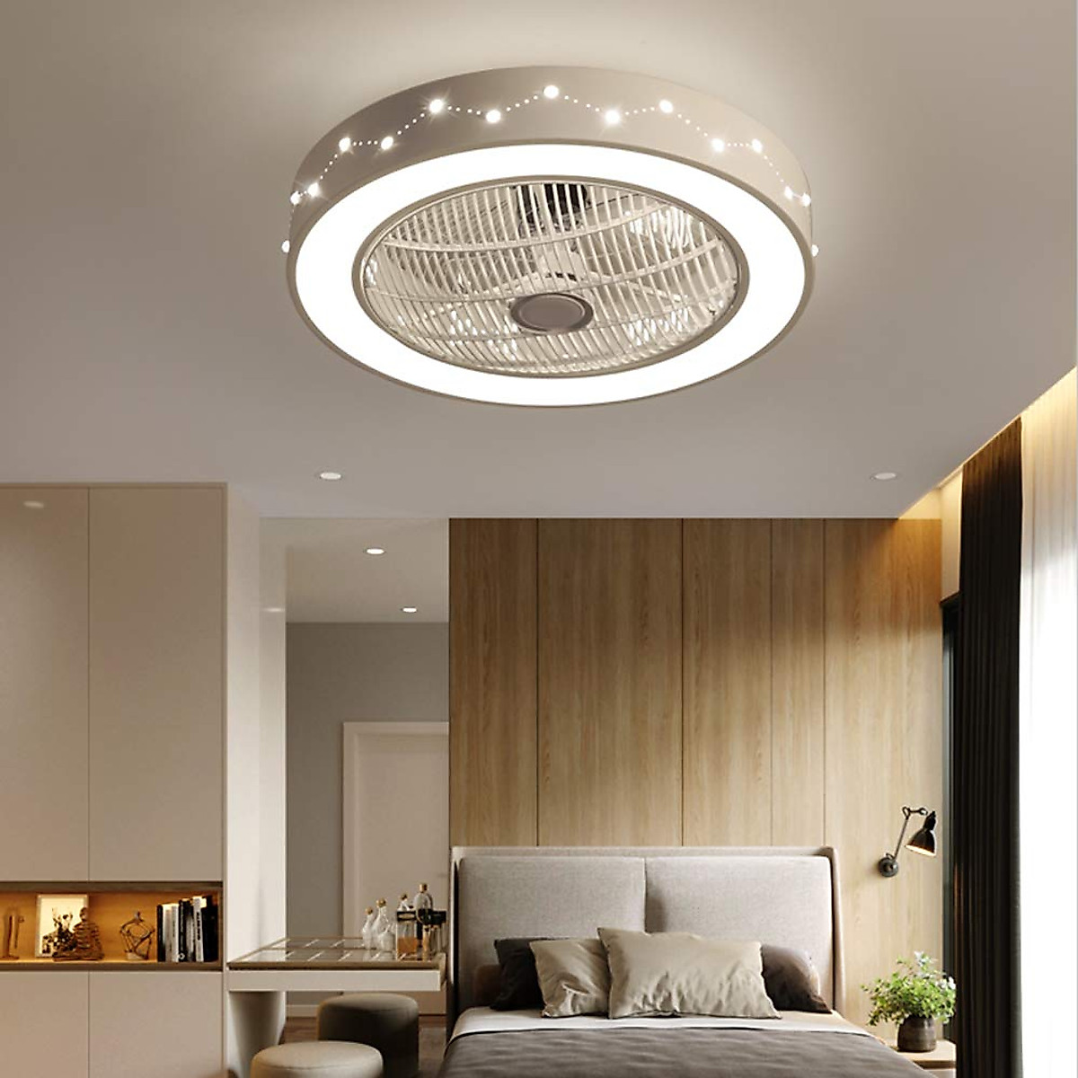 21.6" Ceiling Fan with Lights, Enclosed Round LED Ceiling Lighting Fan w/Invisible Blades,Semi Flush Mount Low Profile Fan W/Remote Control for Bedroom Living Room Children's Room (Constellation)