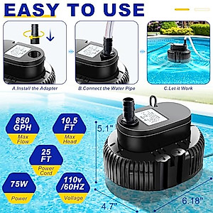 UniWater Pool Cover Pump above Ground-Submersible Sump Pump Swimming Water Removal Pumps, Sump Pump for Pool Draining with 16ft Drainage Hose & 25 ft Extra Long Power Cord,850 GPH,3 Adapters-Black