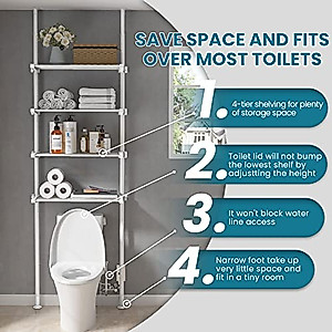 ALLZONE Bathroom Organizer, Over The Toilet Storage, 4-Tier Adjustable Shelves for Small Room, Saver Space, 92 to 116 Inch Tall, White