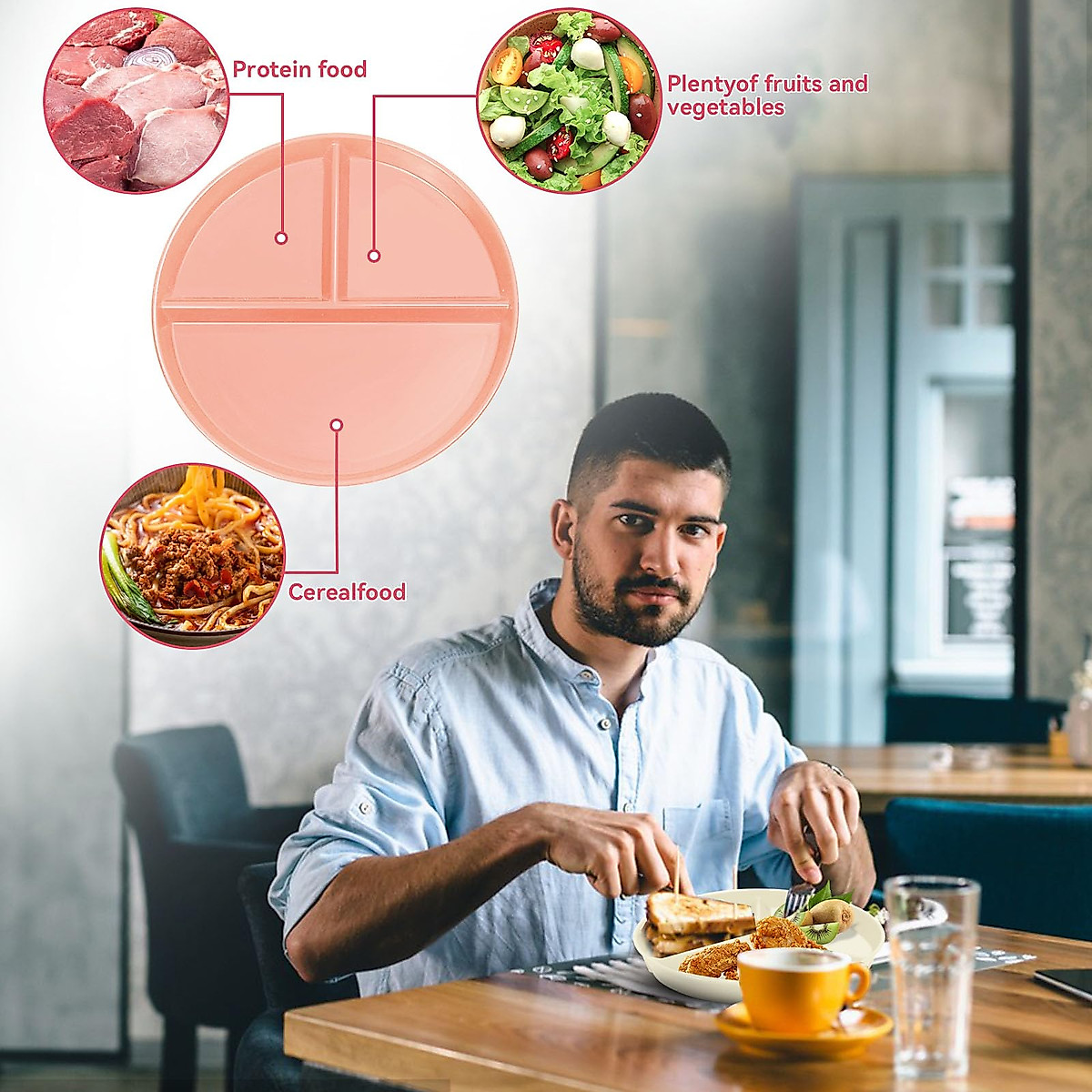 DYB DONGYONGBAO Portion Control Plate For Weight loss 9Inch 5PS, Reusable Wheat Straw Round Plastic Divided Dinner Plates, Microwave And Dishwasher Safe, Suitable For Kids And Adults