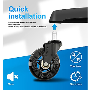 HT PETTER Office Chair Wheels, Universal Rubber Steel Chair casters, 3 inch Heavy-Duty casters,100% No Scratches, Suitable for All Floors, Including Hardwoods and Carpets,Set of 5
