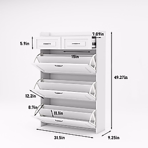 BFFGFFII Shoe Cabinet, Entryway Cabinet Wooden Shoe Rack with 3 Flip Drawers and 2 Drawers, 3-Tier Adjustable Shelves Shoe Cabinet Organizer Freestanding for Entryway Hallway, Living Room(White)