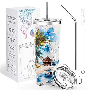 THILY Vacuum Insulated Stainless Steel Tumbler Travel Mug 26 oz Coffee Cup with 2 Lids and Straws, Splash Proof, Reusable, Keep Iced Drinks Cold, Coastal Breeze