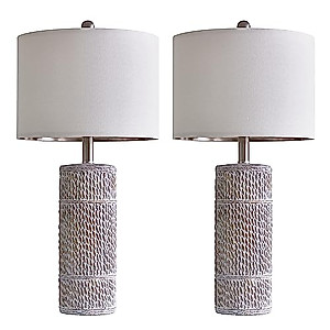OYEARS 25.5 "Retro Farmhouse Table Lamps Set of 2 Woven Pattern Resin Bedside Lamps Classic Country Washed White Lamp for Bedroom Living Room Home Office