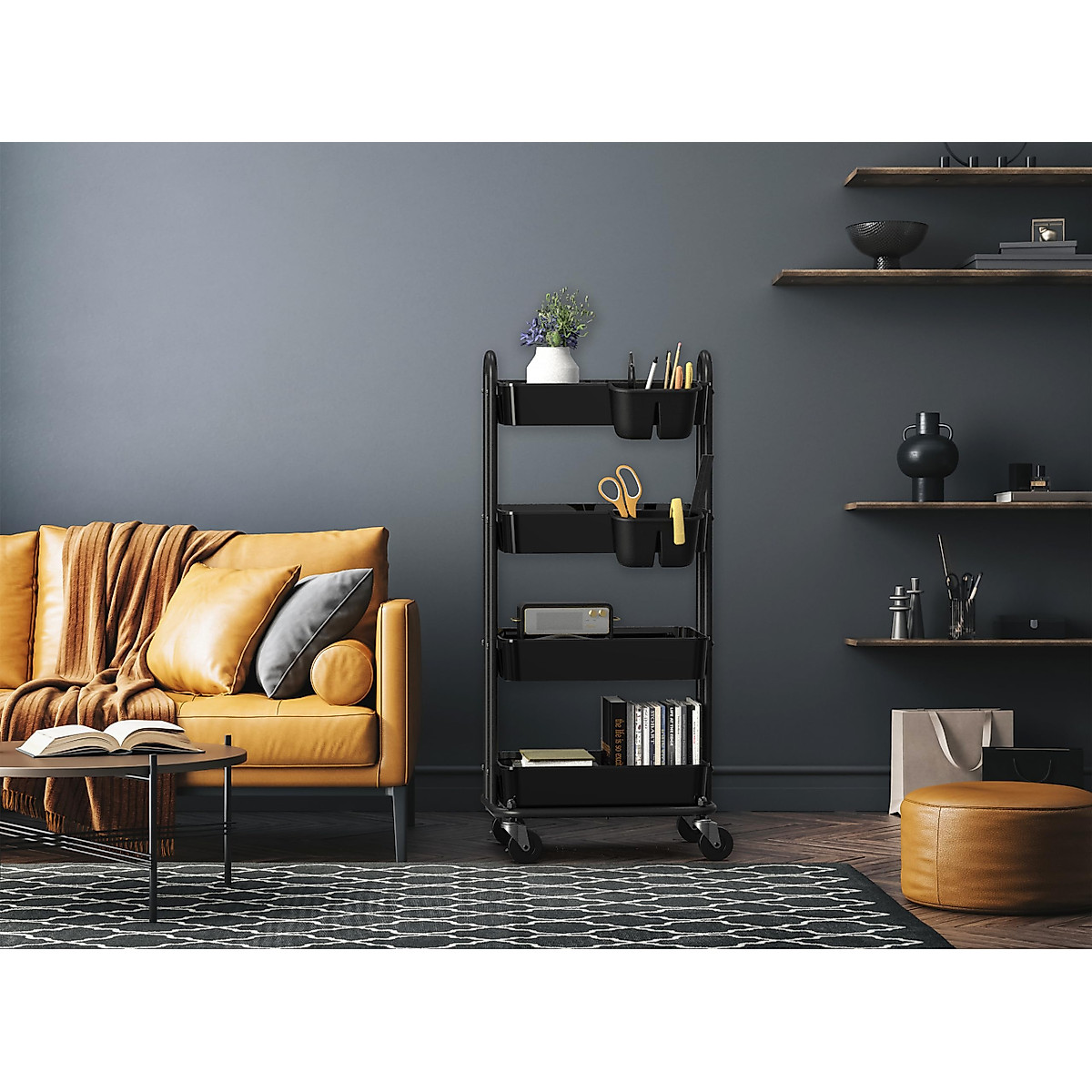 Simple Houseware 4-Tier Multifunctional Rolling Utility Cart with Hanging Buckets, Black