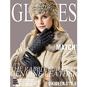 VIKIDEER Winter Warm Cashmere Lining Rabbit Fur Cuffs Leather Gloves for Women Touchscreen Black Large