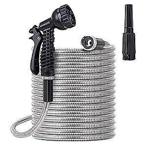 Metal water Hose 25 ft - Stainless Steel Water Hose with 2 Nozzles, Lightweight, Tangle Free & Kink Free, Heavy Duty, High Pressure, Flexible, Dog Proof