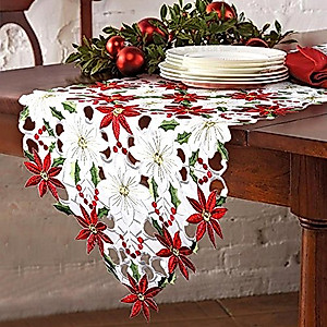 OurWarm 15 x 70 Inch Embroidered Christmas Table Runner Red Table Linens for Christmas Decorations, Luxury Holly Poinsettia Table Runner for Dining Kitchen & Dining Table