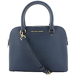 MICHAEL Michael Kors Womens Cindy Leather Signature Satchel Handbag Navy Medium
