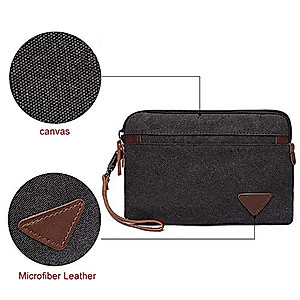 Canvas Wristlet Bag Large Clutch Bag Wallet Purse Zipper Pouch Handbag Organizer with Leather Strap for Men