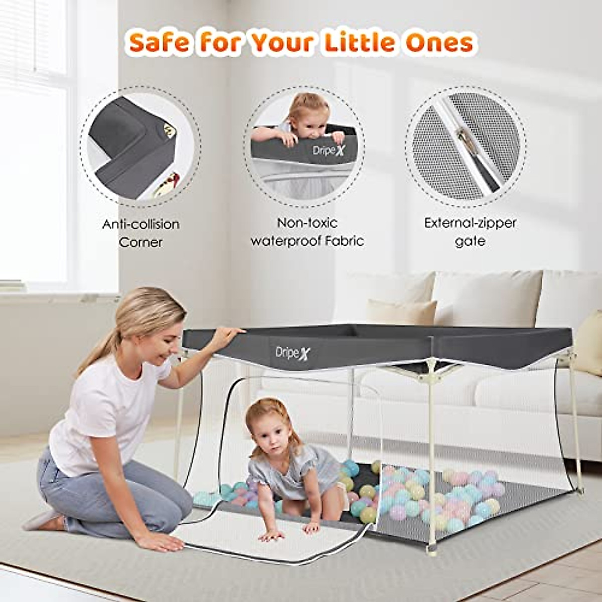 Foldable Playpen, Dripex Baby Playpen with Mat, Collapsible Baby Playpen, Playpen for Babies and Toddlers, 43" x 43" Baby Play Yard for Indoor&Outdoor