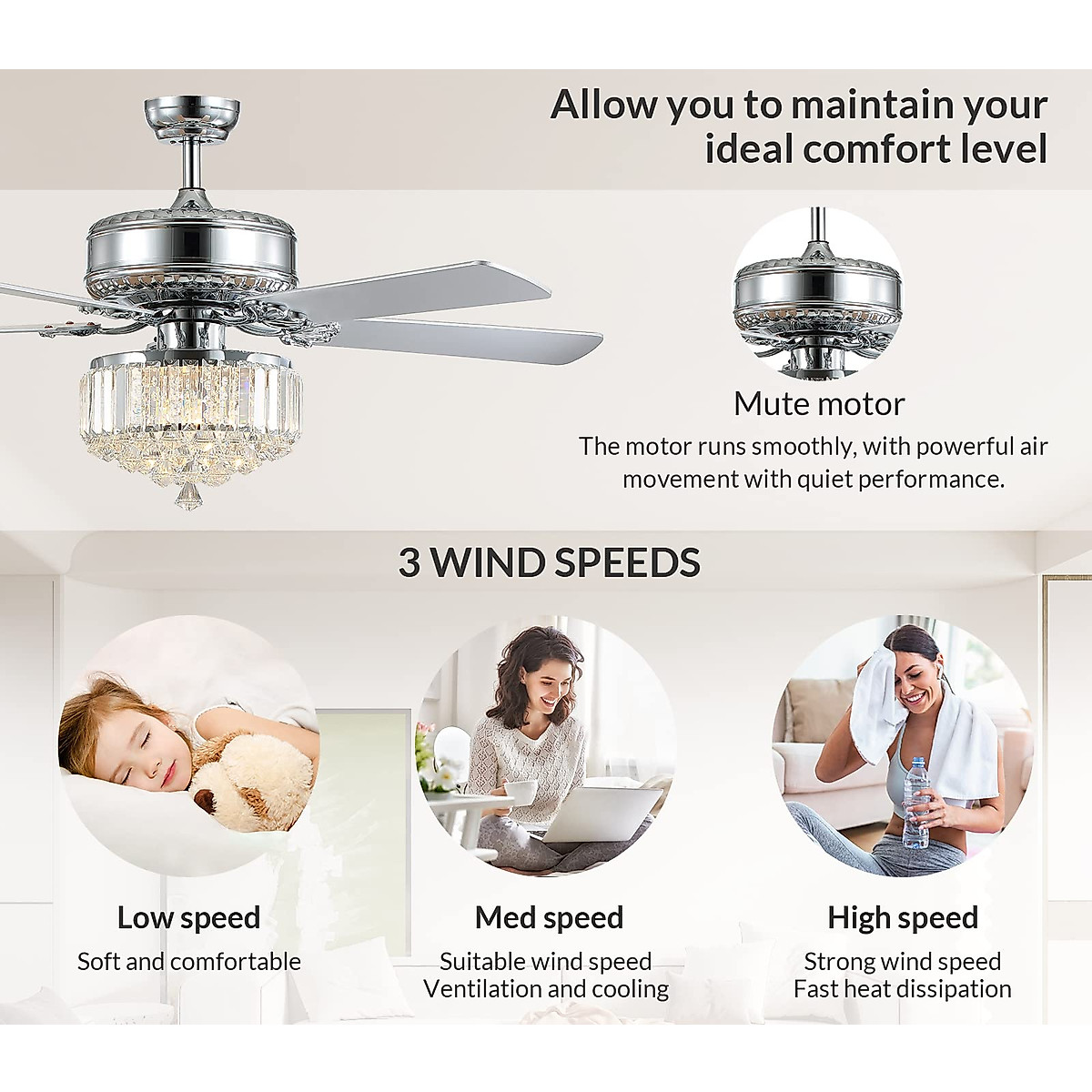 NOXARTE 52 inch Crystal Ceiling Fan with Lights, Modern Chrome Chandelier Ceiling Fan, Quiet Motor, 5 Reverse Wood Blades Crystal Fandelier Ceiling Fan Light Kit for Bedroom Living Dining Room