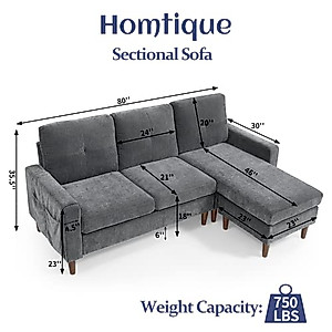 Homtique Convertible Sectional Sofa Couch, L Shaped Sofa with Reversible Chaise and Pocket, 3-Seat Chenille Sofa with Removable Cushions Sectional Couches for Living Room, Apartment (Dark Grey)