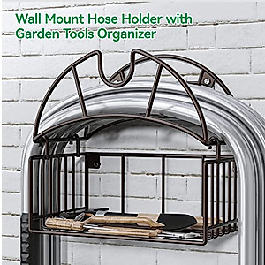Hose Reel Garden Hose Holder,Water Hose Holder Wall Mount,Heavy Duty Metal Hose Hanger with Tool Storage Basket,Outdoor Hose Stands for Outside Garden Yard Garage
