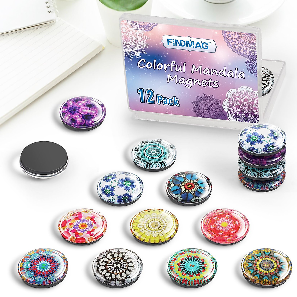 FINDMAG 12 Pcs Glass Fridge Magnets, Cute Fridge Magnet Sticker, Strong Refrigerator Magnets Heavy Duty, Small Magnets for Whiteboard, Classroom, Kitchen, Office, Home and Cabinet