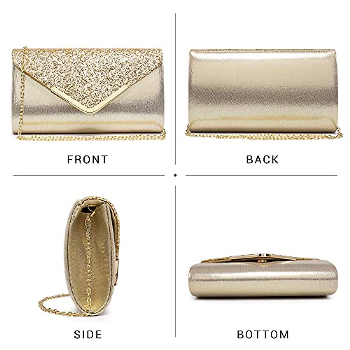 Dasein Women Evening Bags Formal Clutch Purses for Wedding Party Prom Handbags with Shoulder Strap and Glitter Flap (Gold)
