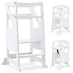 Toddler Kitchen Step Stool, REONEY 2 in 1 Kids Standing Tower, High Chairs with Removable Tray, Height Adjustable Learning Helper Tower for Kitchen Counter Bathroom Sink
