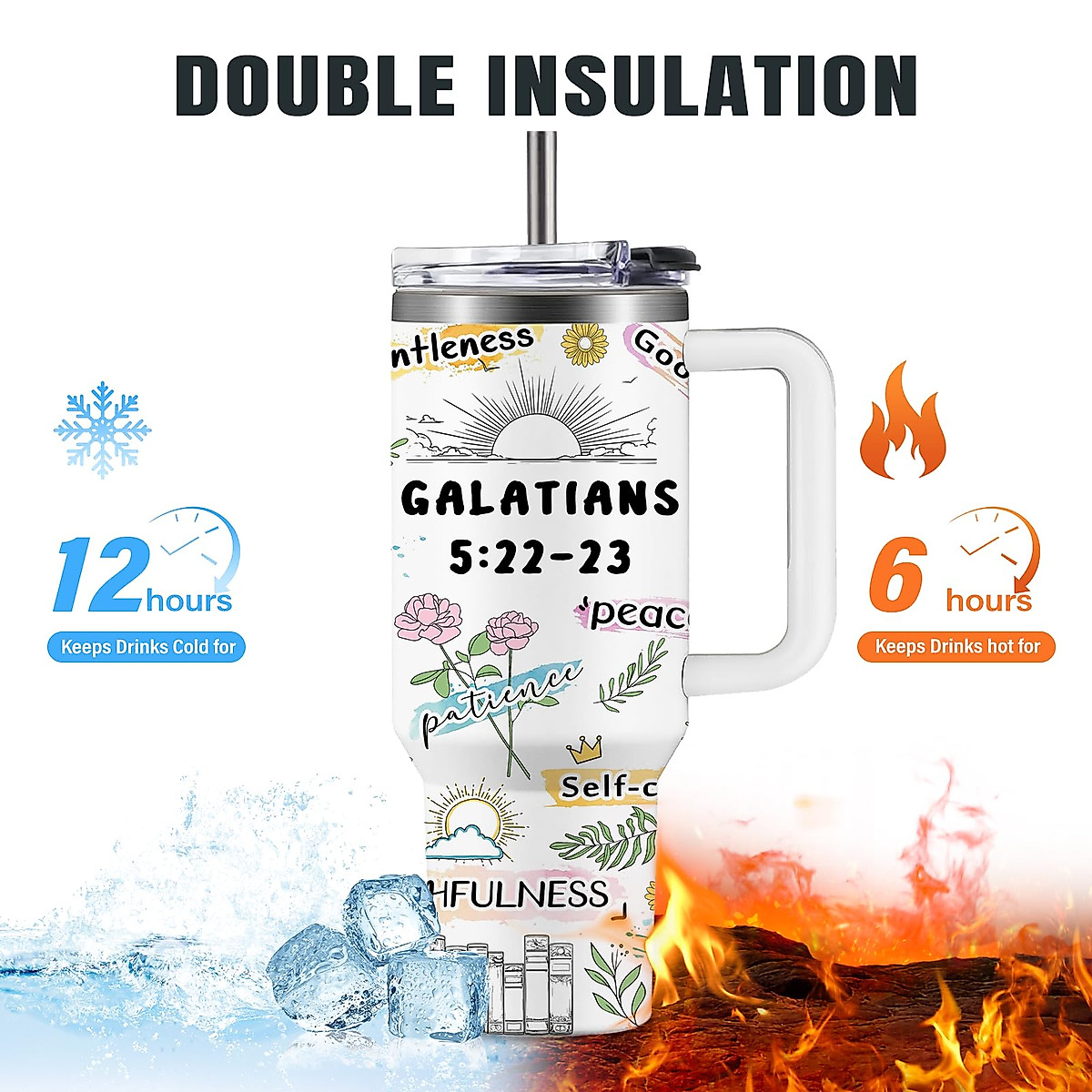 HYMONA Christian Tumblers for Women 40Oz, Galatians 5:22-23, Scripture Mug, Bible Verse Gifts, Inspirational Spiritual Gifts for Women, Religious Gifts for Women