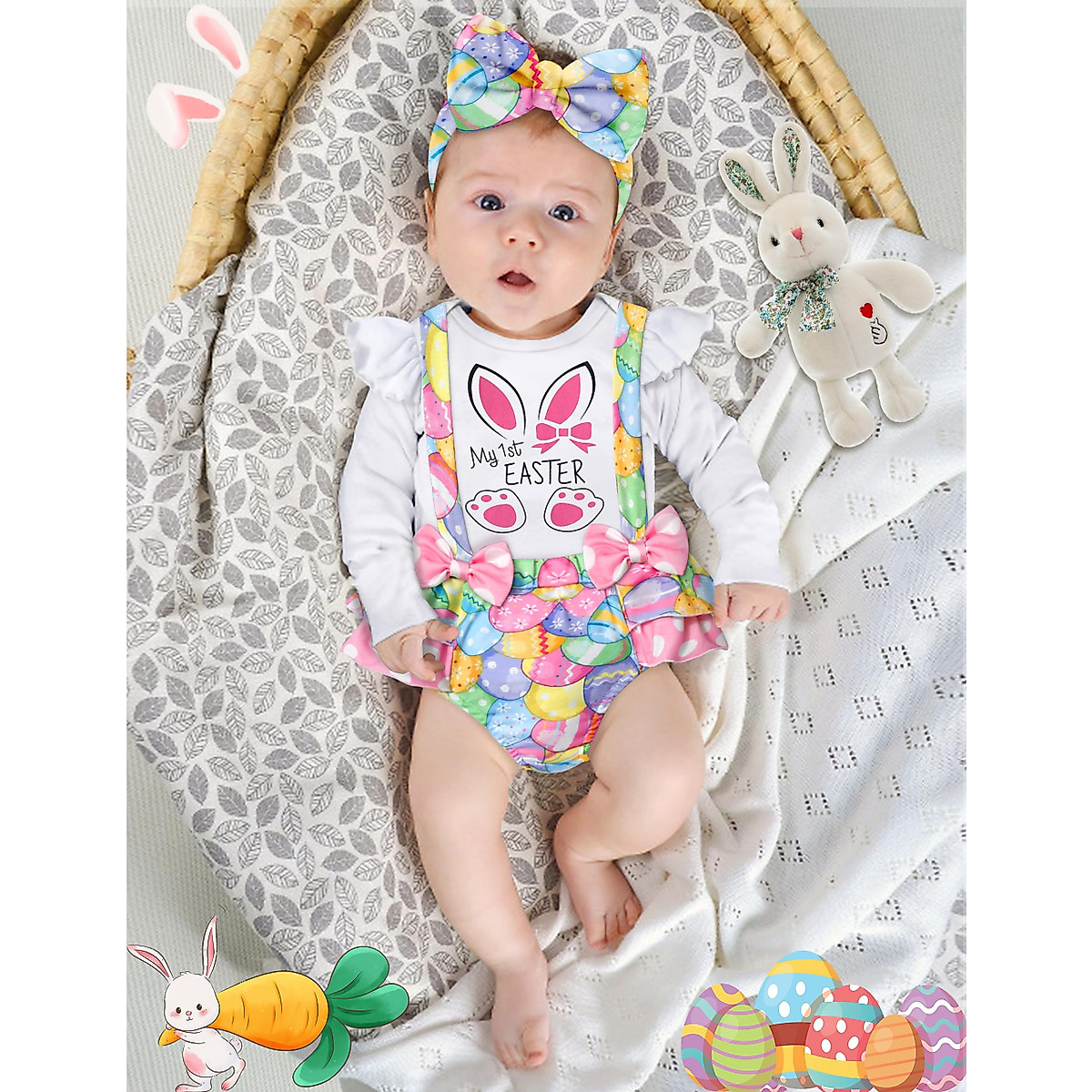 Von kilizo Easter Outfit Baby Girl My First Easter Baby Girl Outfit Bunny Print Long Sleeves Romper Baby Girl Easter Outfit Infant Easter Outfit Girl 0-3 Months