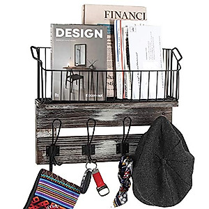 J JACKCUBE DESIGN Wall Mount Rustic Wood Entryway Storage Shelf with 4 Hooks, Coat Rack and Black Metal Wire Basket, Hanging Organizer for Mail and Key - MK522A