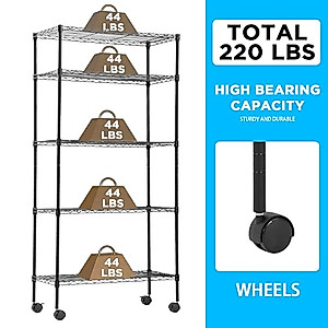 24/7 Shop at Home Rex Industrial 5 Tier Wire Shelving Rack with Wheels, Adjustable Shelves and NSF Certified, Metal Storage Shelves for Kitchen, Office, Garage, Basement, Laundry Room, Black