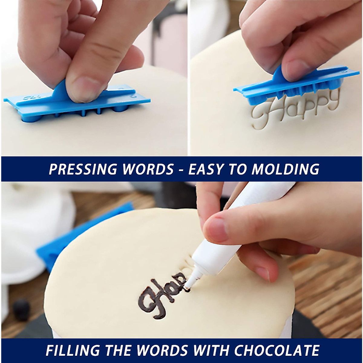 Cookie Fondant Stamper Biscuit Stamp Stamper Impression Cutter Cupcake Decorating Sugarcraft Cake Decoration Topper Happy Birthday Anniversary Best Wishes Letters Mold Fondant Letter Cutters 6PCS Set