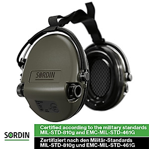 Sordin Supreme MIL AUX Active Ear Defenders - for Military & Special Forces - Neck Band & Foam Kits - Green Ear Muffs