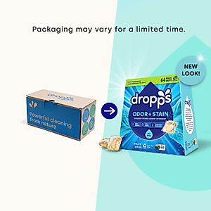 Dropps Odor & Stain Biobased Power Laundry Detergent Pods, Crisp Breeze (64 Pods) - HE Compatible Laundry Pods for Fresh Clothes - Laundry Soap Supplies & Recyclable Paperboard Packaging
