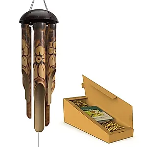 Nalulu Rustic Bamboo Wind Chimes - Outside Outdoor Wooden Windchimes, Medium, Floral Burned Design with Coconut Crown, Handcrafted with Calming Deep Tones, Home Decor Ideal Gift for Him & Her