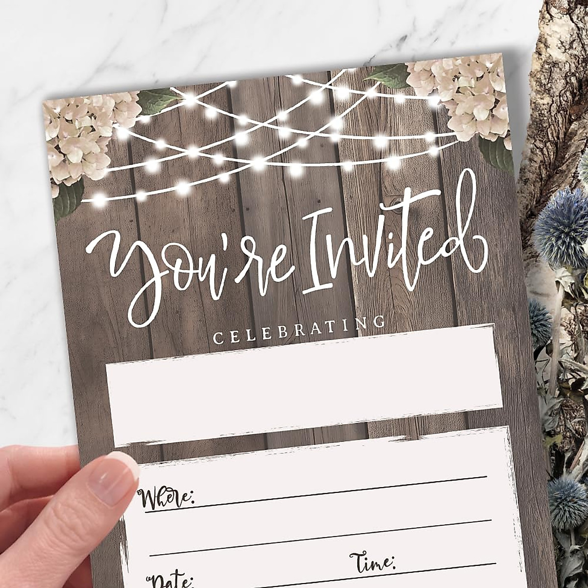 Bridal Shower Rustic Party Invitations - 20 Invites With Envelopes - Wood With String Lights Design - Wedding Reception, Engagement Party, Rehearsal Dinner Party, Milestone Birthday or Housewarming