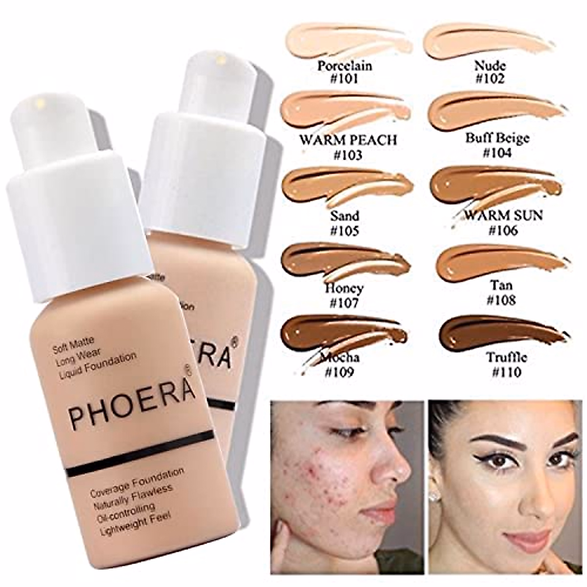 PHOERA Makeup Set - Full Coverage Foundation, Primer, Powder, Concealer & Kabuki Brushes (2 Sponge, Porcelain)