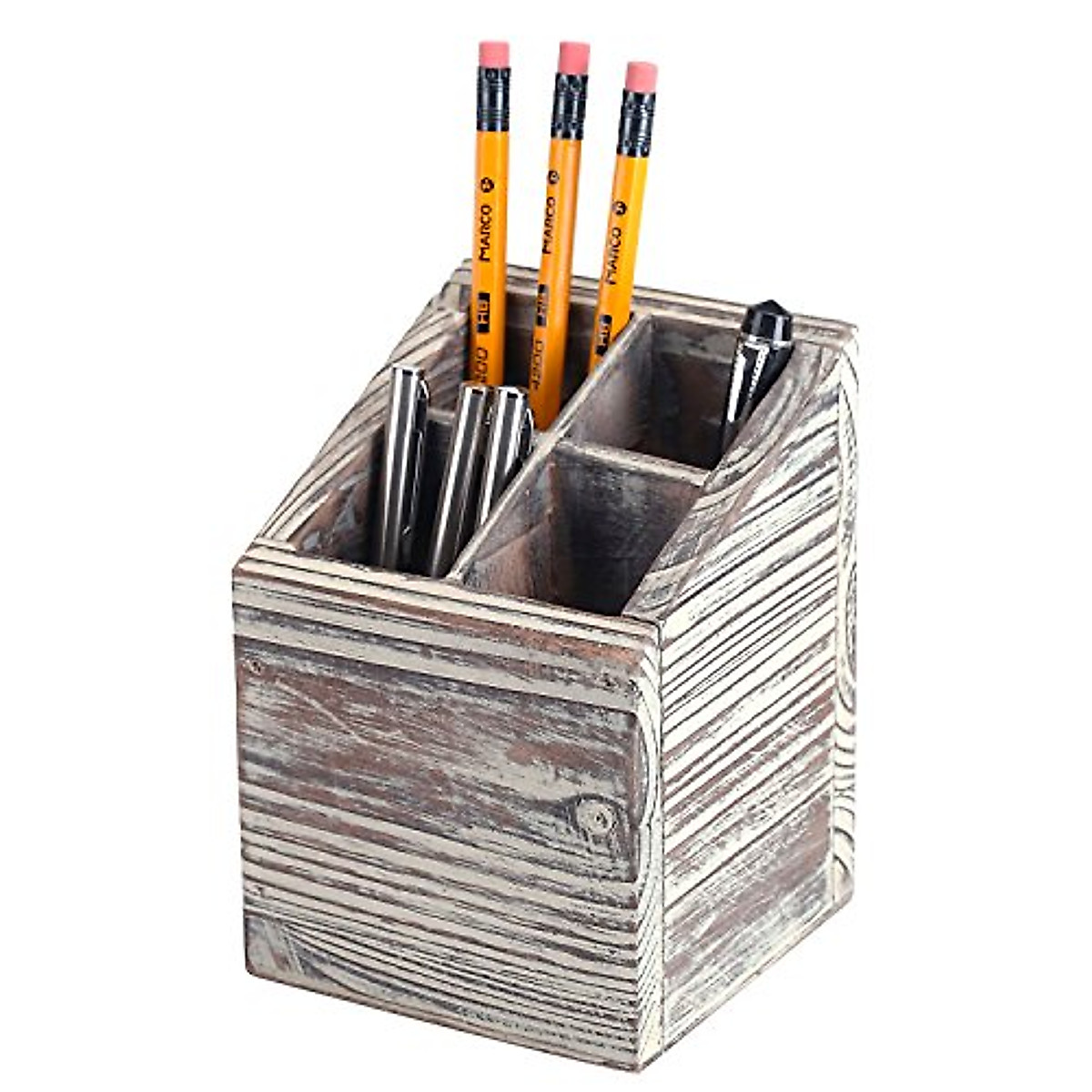 MyGift Square Torched Brown Wood Pencil Cup Pen Holder for Desk with 4 Compartments and Slanted Design, Desktop Office Supplies Storage Box Organizer Bin