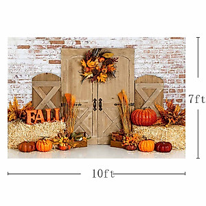 AIBIIN 10x7ft Fall Thanksgiving Backdrop for Photography Autumn Pumpkin Harvest Barn Brick Wall Background Rustic Wooden Door Haystack Landscape Maple Wreath Portrait Photoshoot Prop Studio Banner