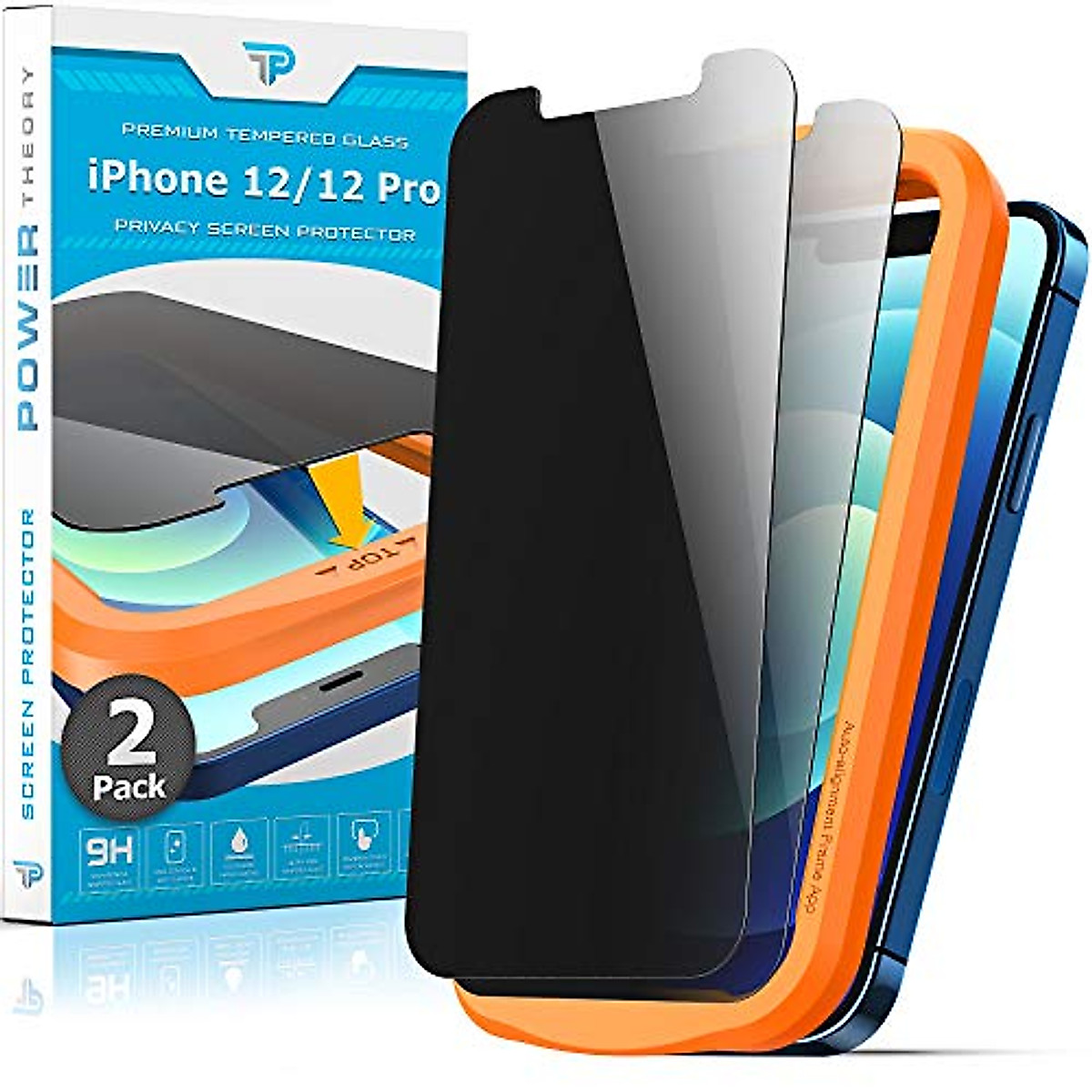 Power Theory Designed for iPhone 12/iPhone 12 Pro Privacy Screen Protector Tempered Glass Anti Spy protection [9H Hardness], Easy Install Kit, 99% HD Bubble Free Case Friendly, Anti-Scratch, 2 Pack