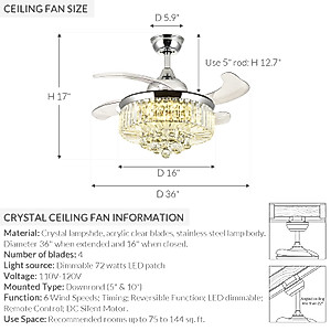 NOXARTE 36 Inch Crystal Ceiling Fan, Modern Fandelier LED Dimmable with Remote and APP, Reverse Motor for Living Ding Room Bedroom