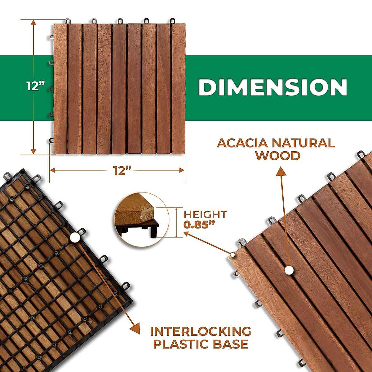 Solid Wood Interlocking Flooring Tiles (Pack of 10, 12" x 12"), Solid Wood Deck Tiles Interlocking, Patio Tiles Outdoor Interlocking Waterproof All Weather (12, 9 Slat)