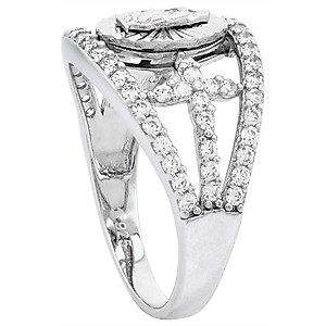 Sterling Silver Micropave CZ Guadalupe Ring for Women Cross Sides Split Shank Diamond Cut Halo Rhodium Finish size 9