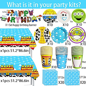 Cartoon Story Party Supplies 133pcs Party Decorations include Paper Plates Napkins Cups Tablecloth and Banner for Boys Girls 1st 2nd 3rd 4th Birthday Decor, Serve 30 Guest