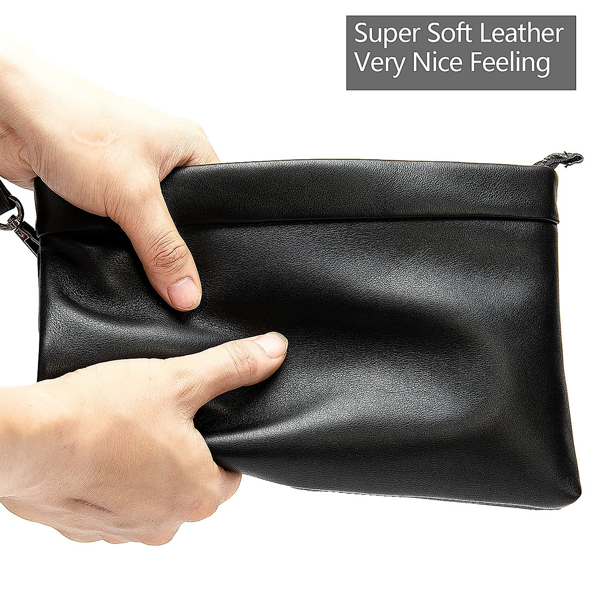 NIUCUNZH Handbag for Men Clutch Bag Hand Purse Large Wallet with Wristlet,Soft Cowhide Leather Black