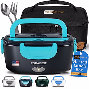 FORABEST Electric Lunch Box Food Heater 2-In-1 Portable Food Warmer Lunch Box for Car & Home – Leak proof, 2 Compartments, Removable 304 Stainless Steel Container, SS fork & spoon and Carry Bag