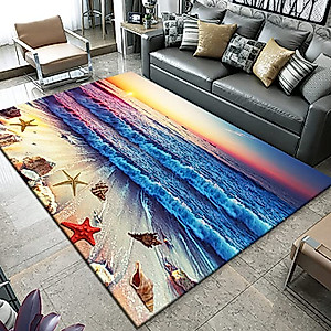 Sunset Beach Area Rug Folding Resistance Shells Starfish Floor Mat Sea Themed Anti-Slip Soft Carpet for Living Room Bathroom 79*63 Inches