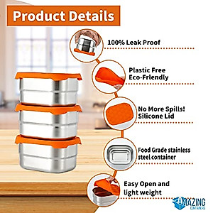 Amazing Containers| Set of 3 Stainless Steel Containers with Silicon Lids | condiments containers |On the go fruits and Snack Containers for Toddlers and Kids | Leakproof BPA Free | 8 oz (1 cup) each