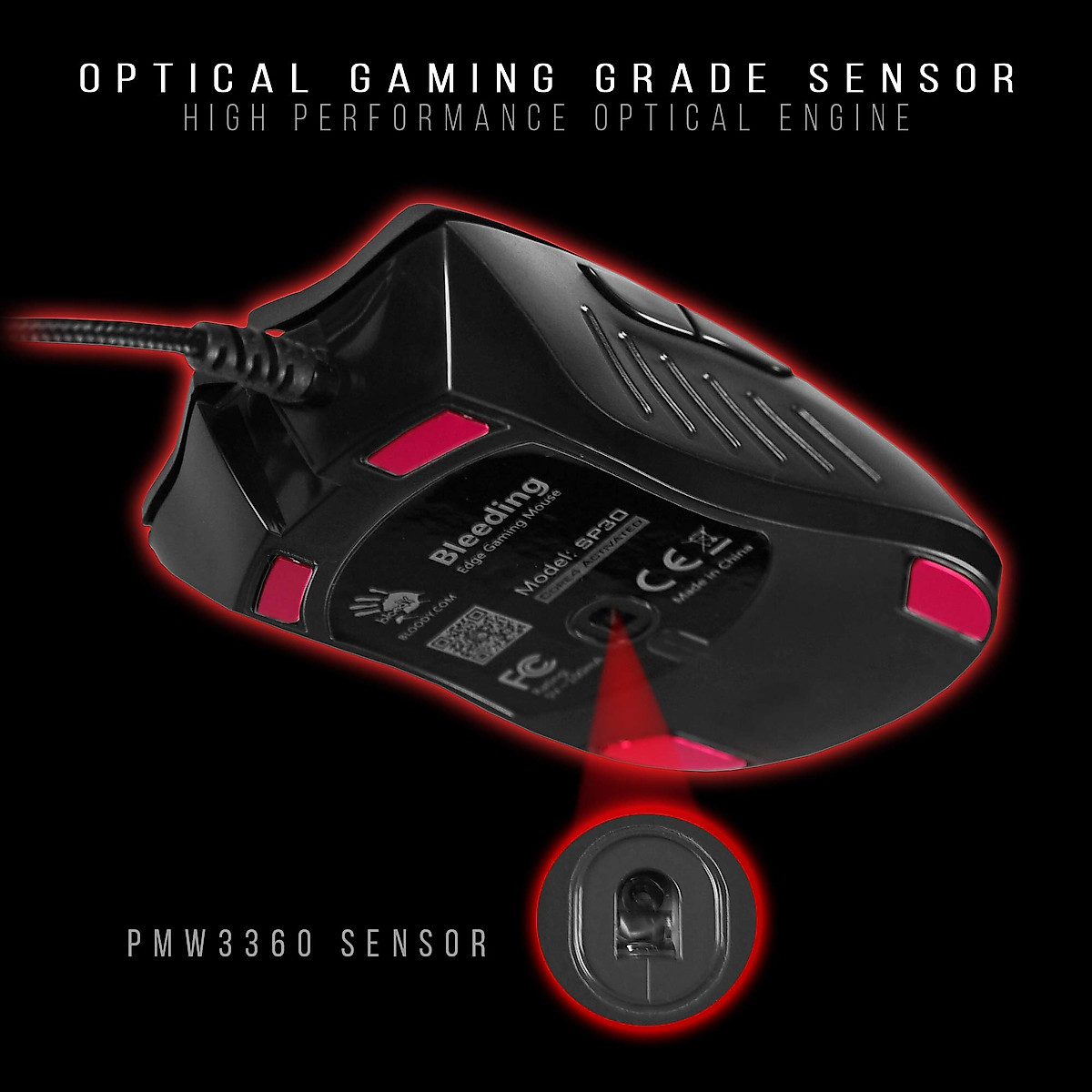BLOODY SP30 Ergonomic Optical Switch Gaming Mouse - Fastest Mouse Switch in Gaming - Enthusiast Grade Sensor - 8 Programmable Buttons - Non-Slip Rubberized Black