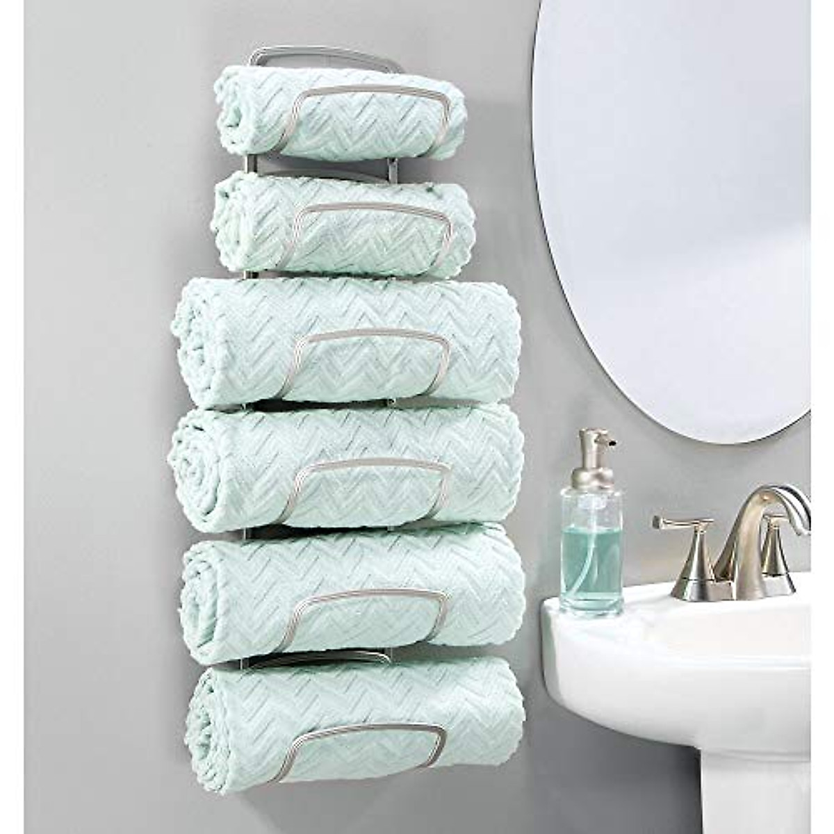 mDesign Steel Towel Holder for Bathroom Wall - Wall Mounted Organizer for Rolled Towels and Bath Robes - Six Level Wall Mount Towel Storage Rack - Bathroom Towel Organizer - Hyde Collection - Satin