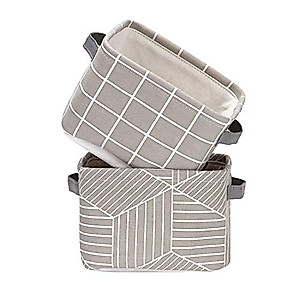 Sea Team Foldable Mini Square New Grey and White Geometric Theme 100% Natural Linen & Cotton Fabric Storage Bins Storage Baskets Organizers for Shelves & Desks - Set of 4 (Grey)