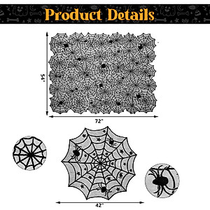 Korlon Halloween Tablecloth, 2 Pcs Halloween Decorations Indoor Spider Web Table Cloth, 54”x 72” Rectangular & 42” Round Black Lace Tablecloth Cover for Halloween Home Party Kitchen Table Decor