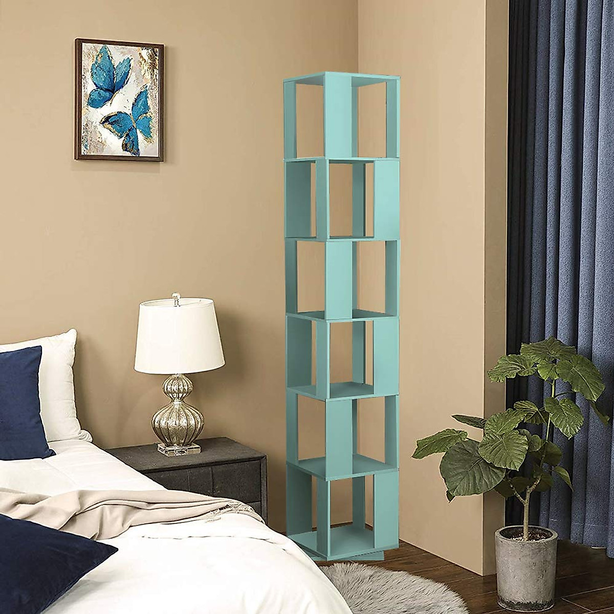 QIHANG-US 6 Tier Wooden Bookcase Corner Tall Book Shelf Modern 360° Rotating Storage Display Rack Floor Standing Shelves with Open Design Shelving Unit for Home Office Living Room Study, Blue