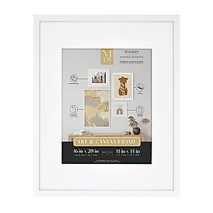 MCS Gallery Wooden Frame for Canvas, Art Boards, Photos and more, White, 16x20 with 11x14 Mat