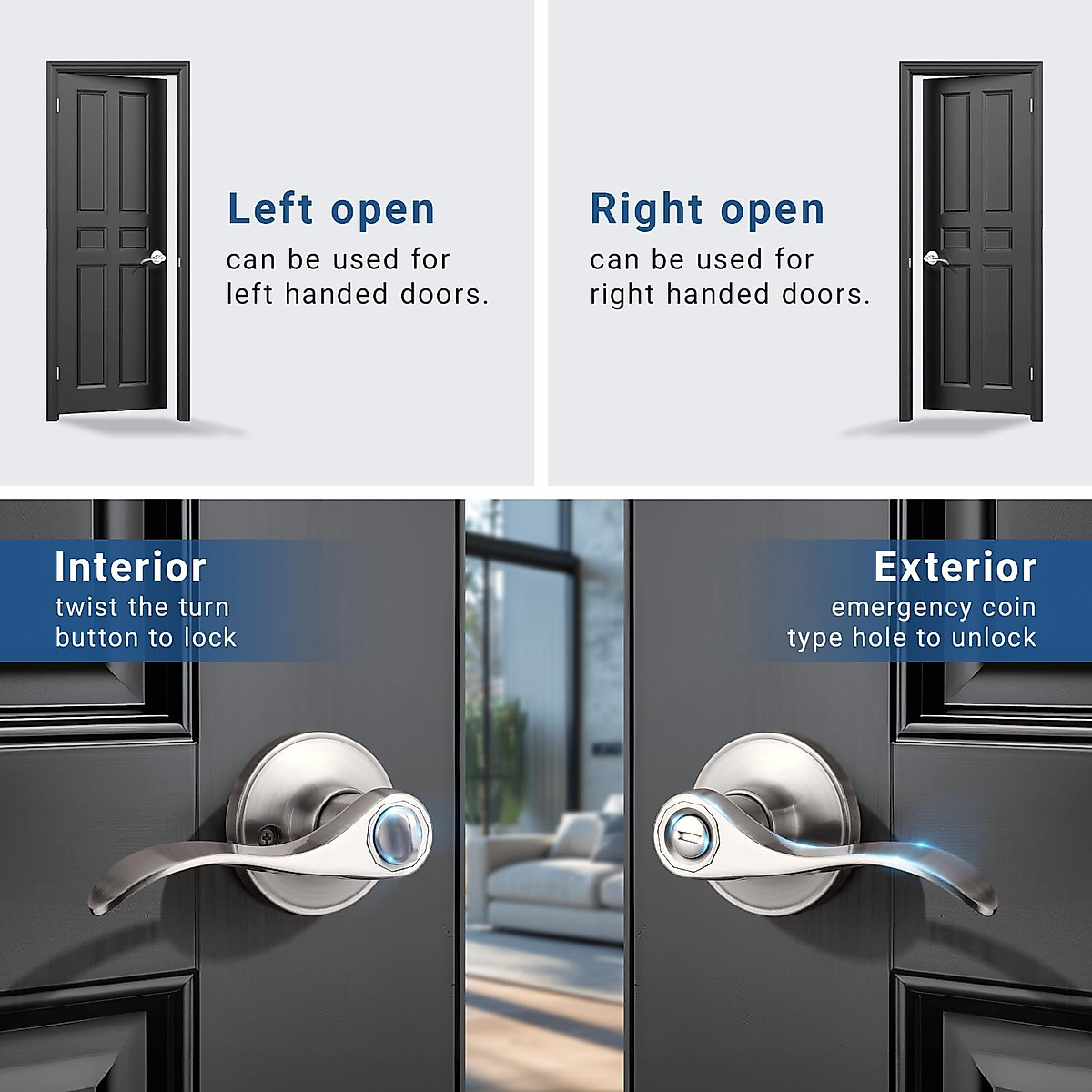 Knobonly 6 Pack Brushed Satin Nickel Door Lever Privacy Door Handles, Zinc Alloy Door Handle Interior, Keyless Lock for Bedroom or Bathroom