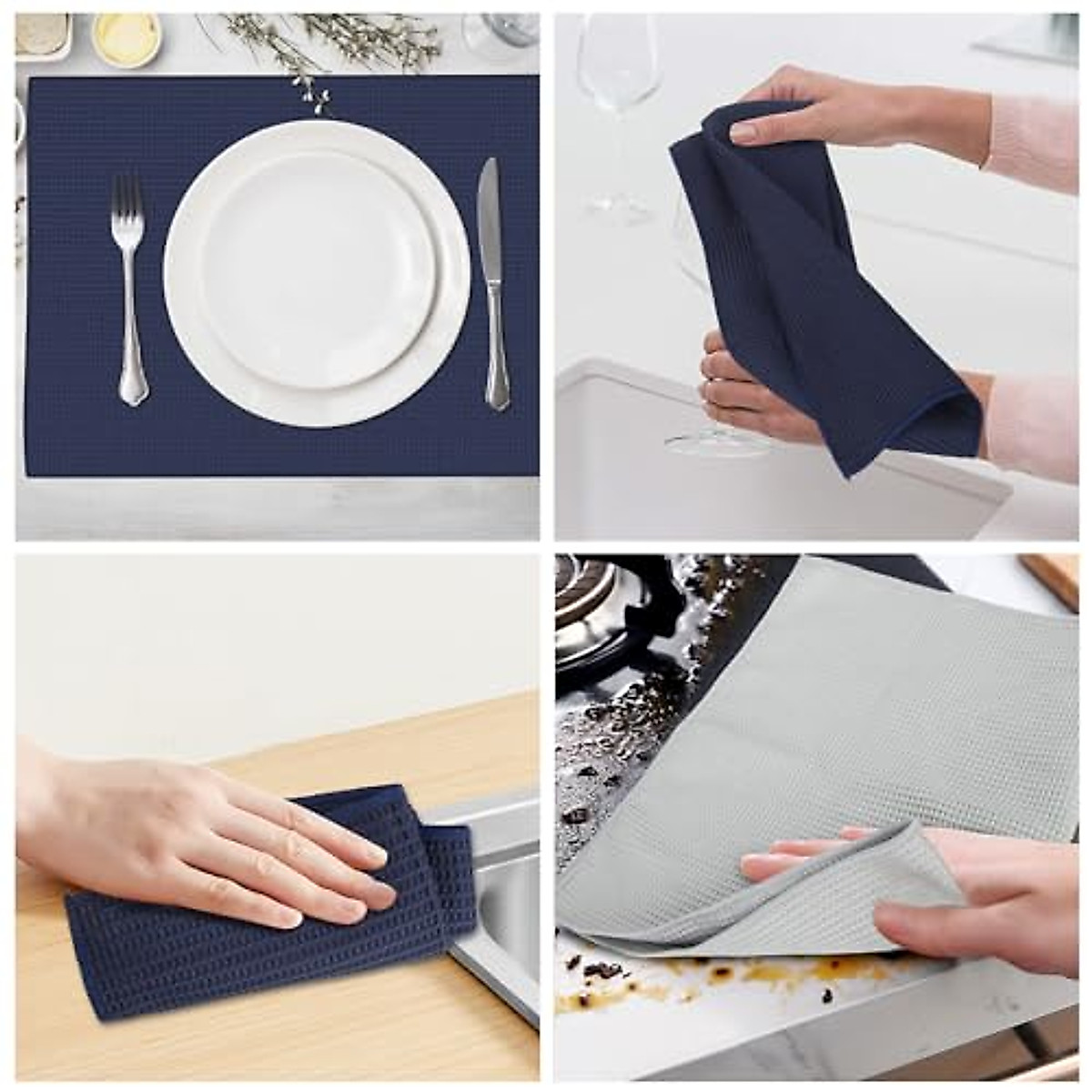 Airensky Kitchen Essentials Dish Towels 6-Piece Value Set - Waffle Design, Reusable Cleaning Cloths, Soft, Ultra-Absorbent, Nonstick Oil and Quick Drying - 12x12 Inches (3 Navy, 3 Gray)
